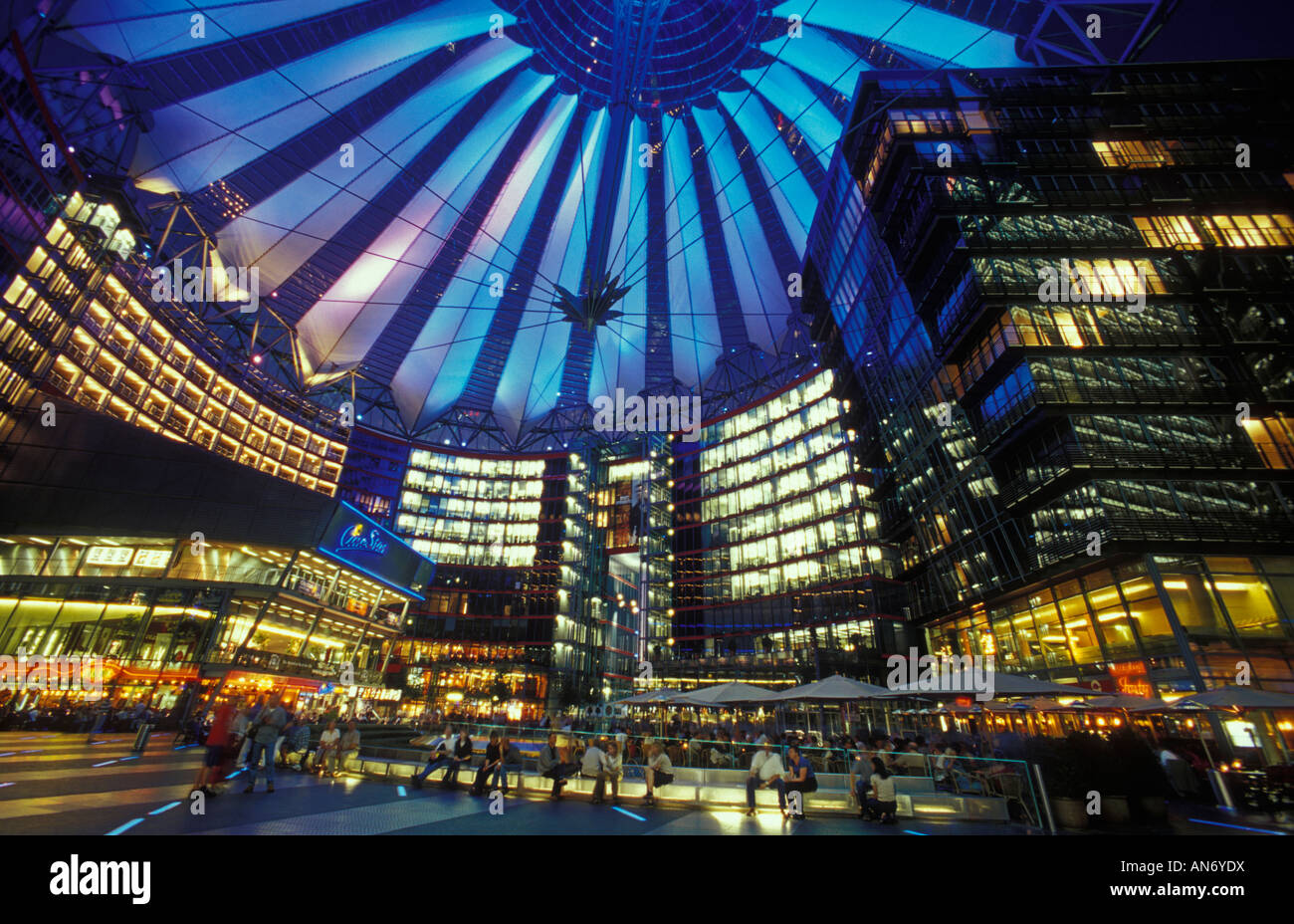 Atrium and interior of Sony Center. Restaurants and cafes under the ...