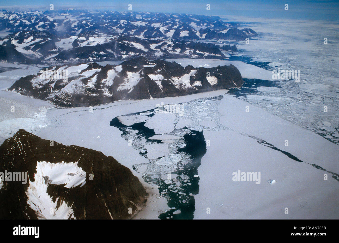 Aerial view of East Greenland coastal mountains near Constable Point ...