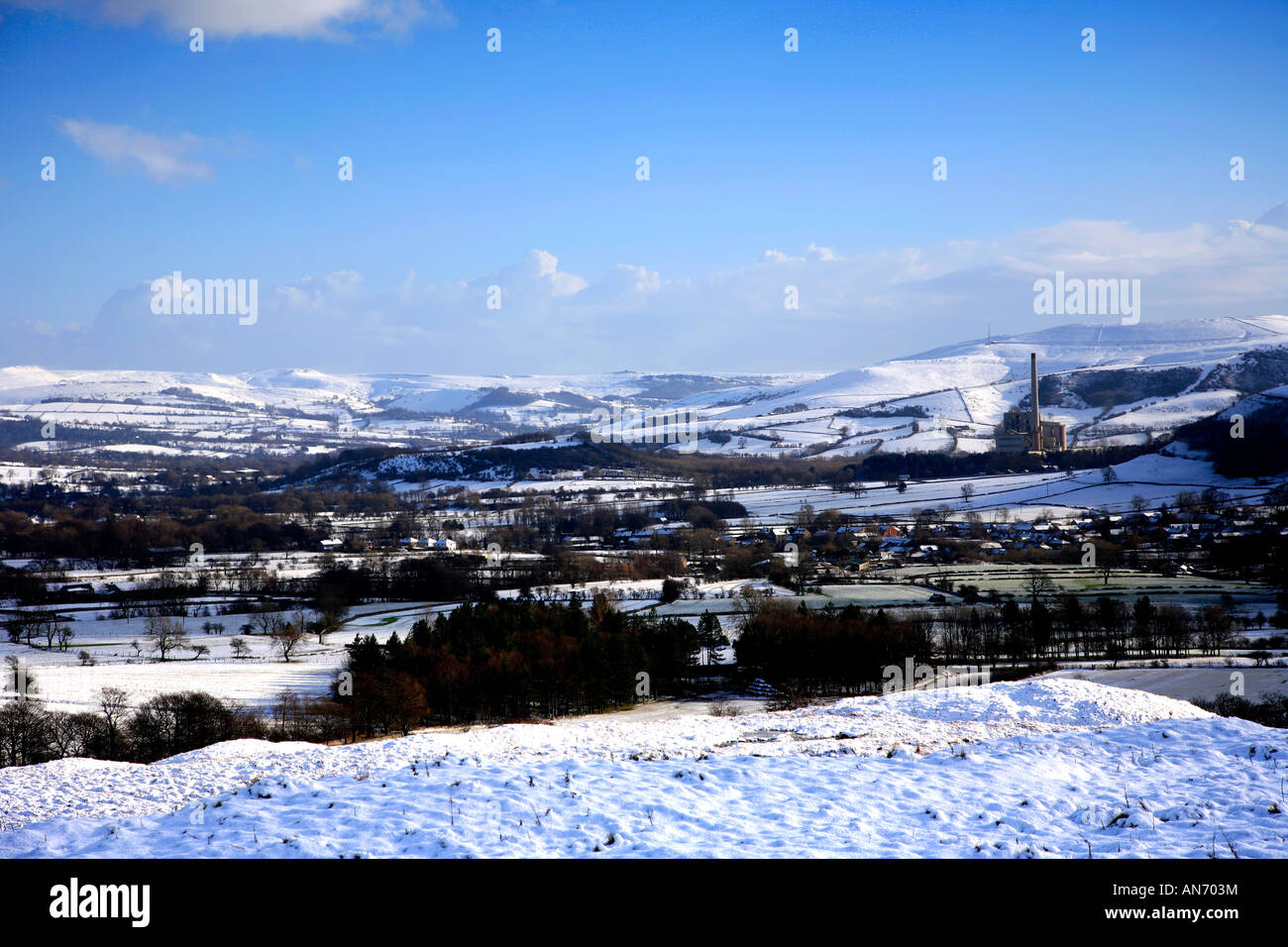 Snowy Winter view towards Castleton town Hope valley Peak District ...