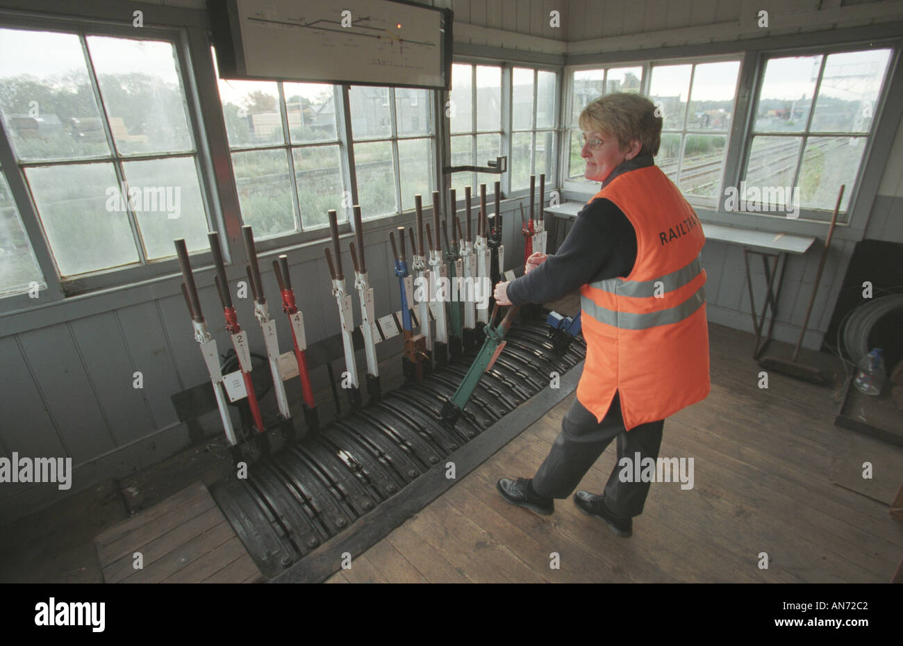 Female signal box operator at work in Nairn station near Inverness ...