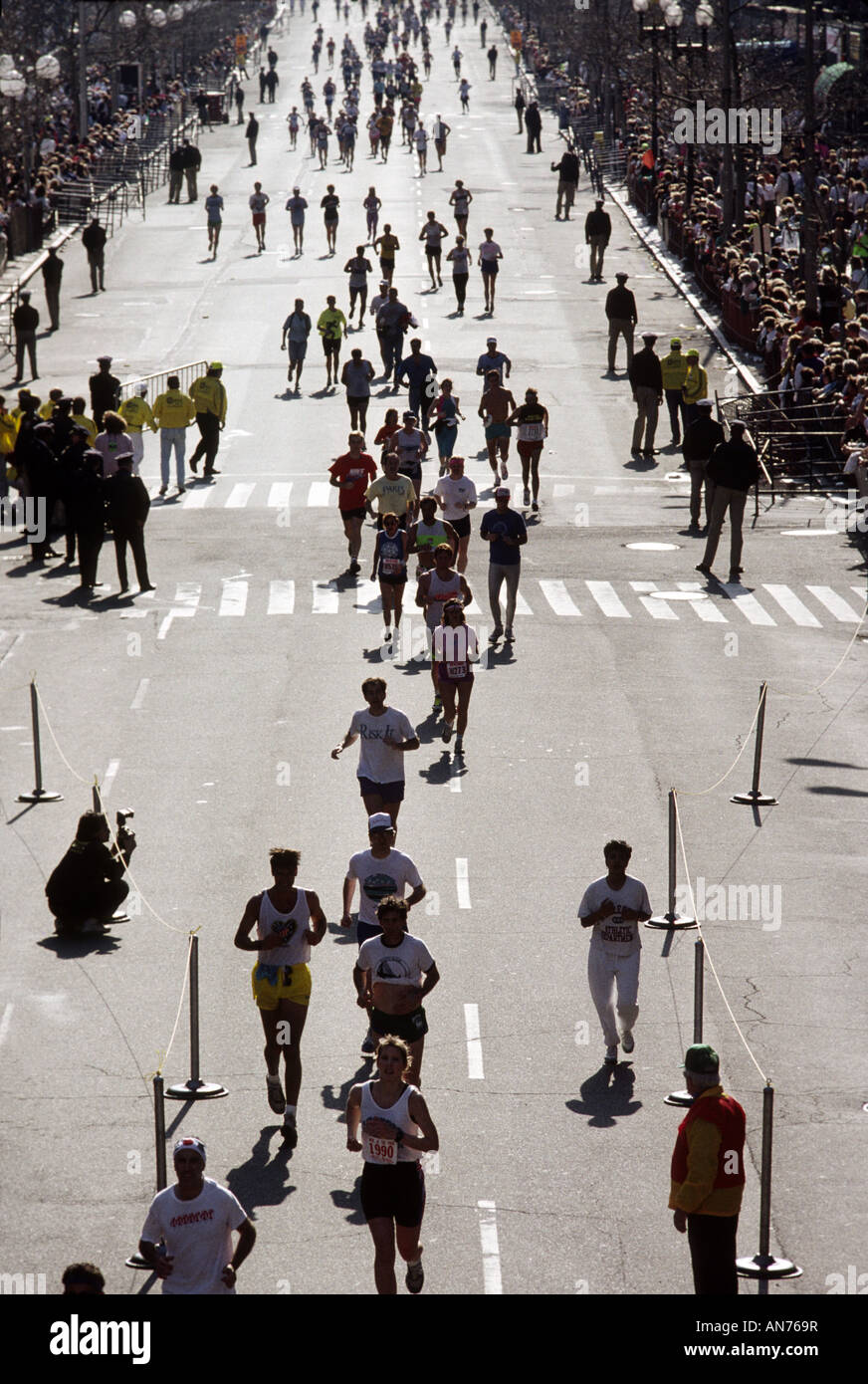 Boston Marathon runners approach the finish line on Boylston Street ...