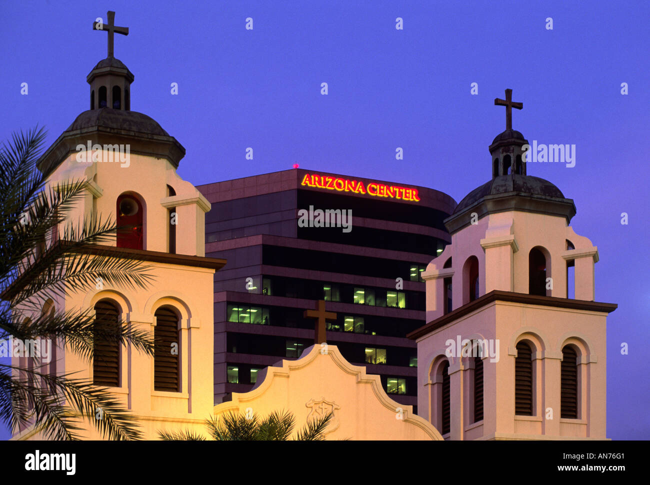 The ARIZONA CENTER is seen through the twin steeples of ST MARY S ...