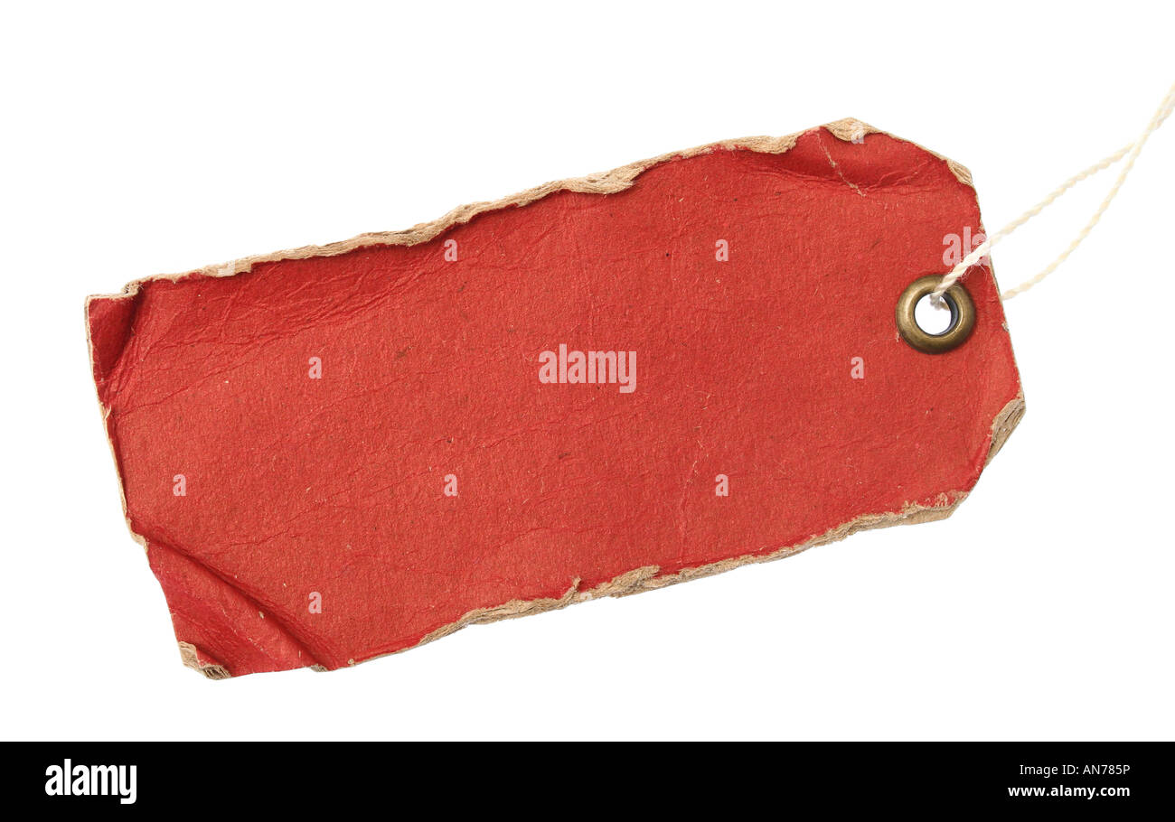 grunge red tag with white cotton thread Stock Photo - Alamy