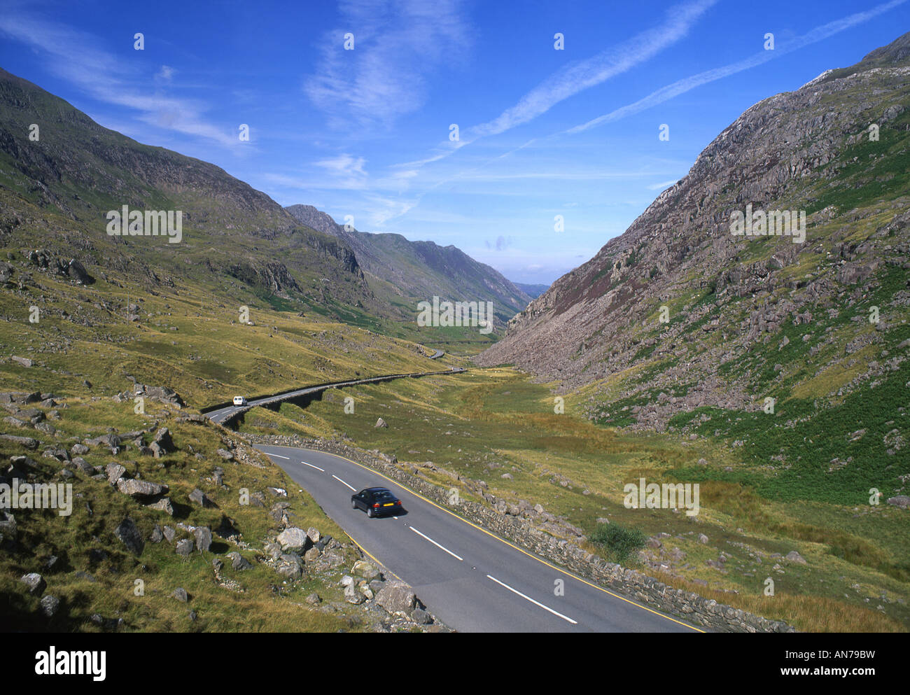 Llanberis Pass road A4086 Snowdon massif to left Glyderau to right Road ...