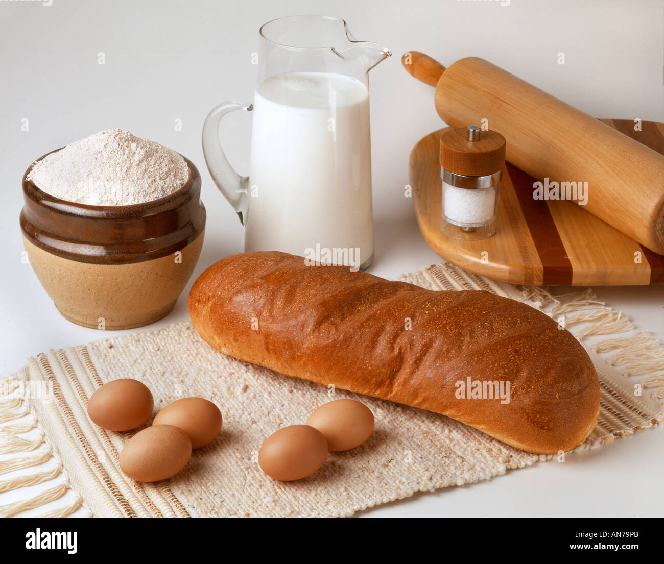BREAD INGREDIENTS and a LOAF of BREAD Stock Photo - Alamy