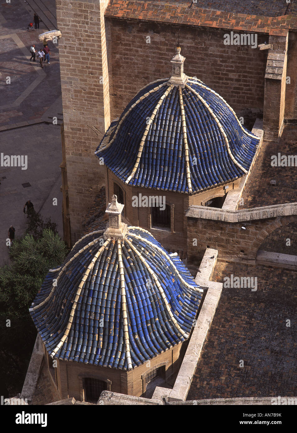 Blue tiled domes on cathedral roof View from Miguelete tower Valencia ...