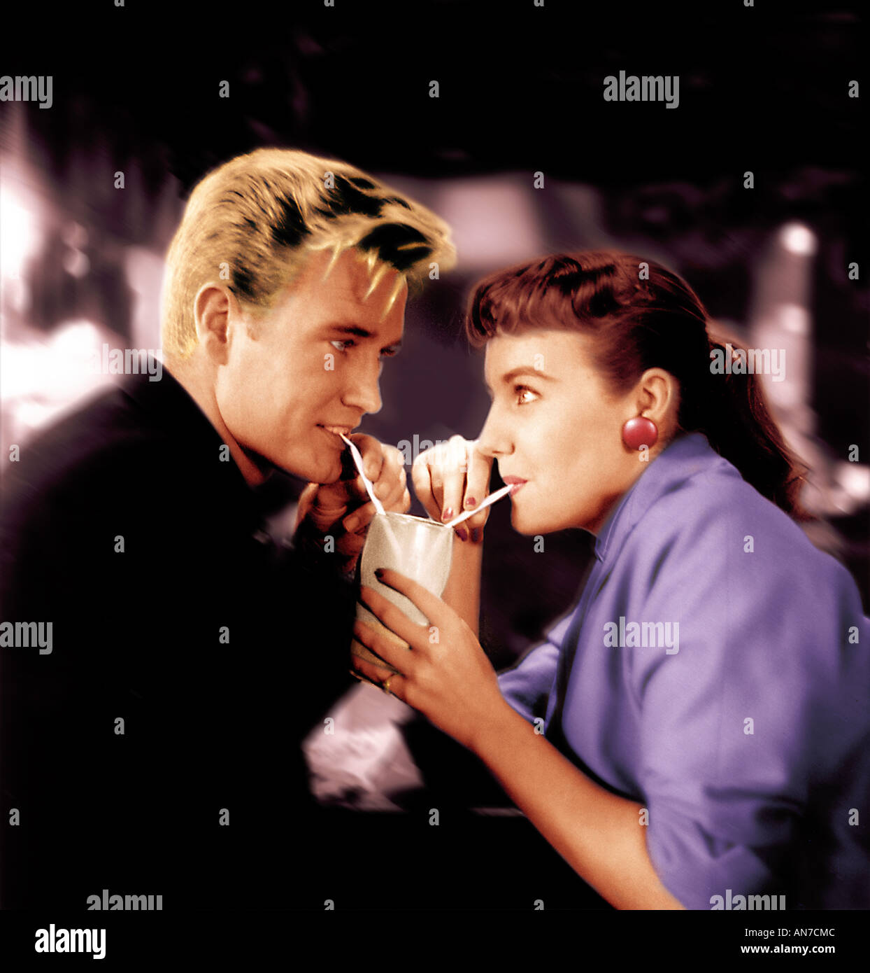 MILKSHAKE COUPLE American couple share a milkshake in 1956 Stock Photo ...