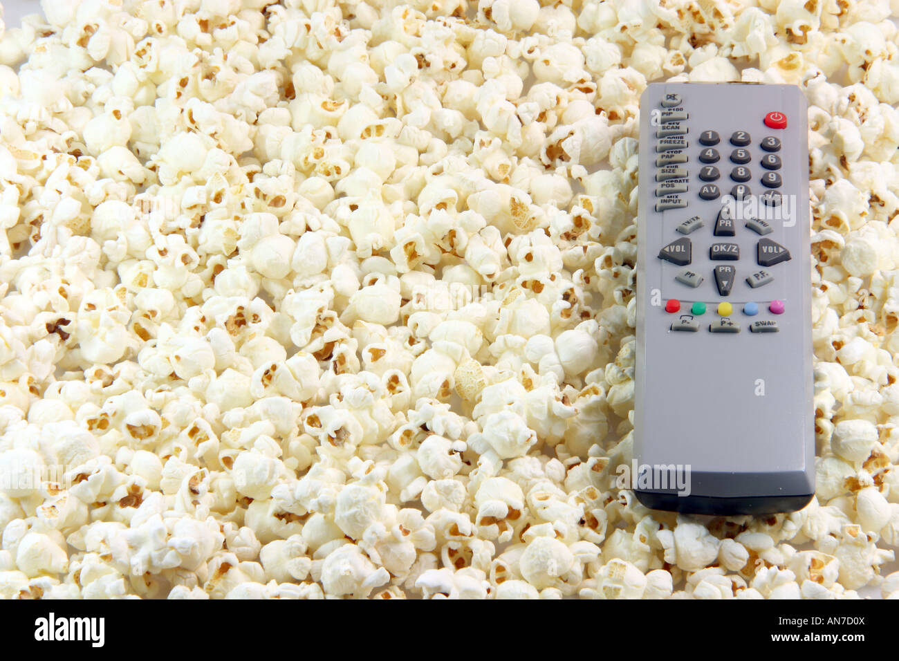 television remote control on pop corn background food and entertainment ...