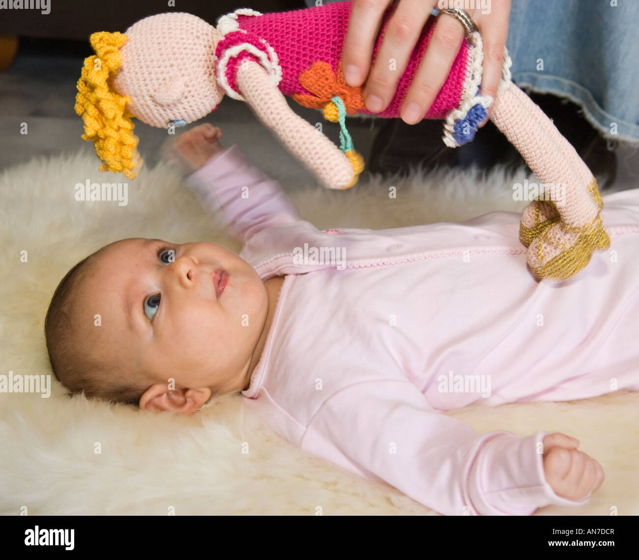 Three month old baby laying on rug looking at doll held by adult hand ...