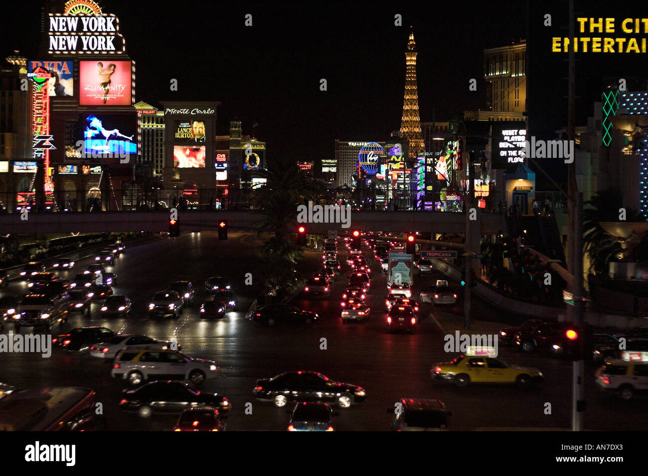 Traffic and the lights of the Las Vegas strip at night looking north ...