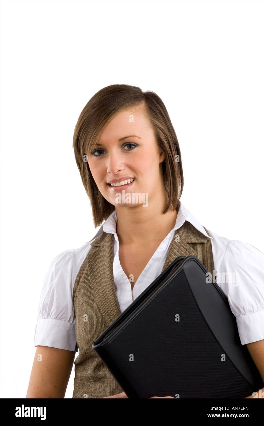 young woman looking happy and smiling carrying a zip up briefcase Stock ...