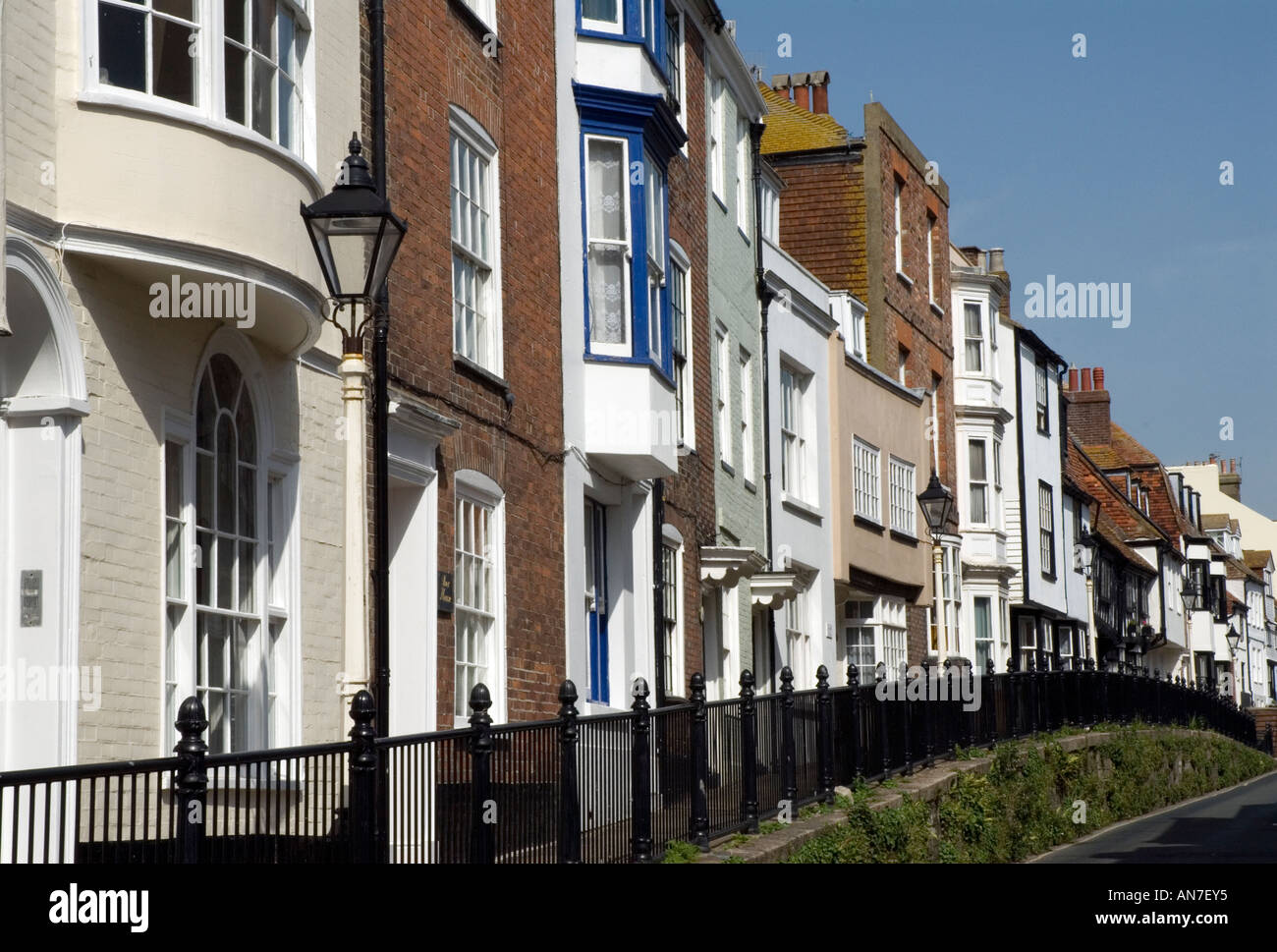 Raised pavement and half timbered buildings in High Street Hastings Old ...