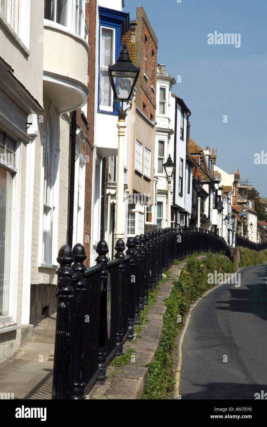 Raised pavement and half timbered buildings in High Street Hastings Old ...