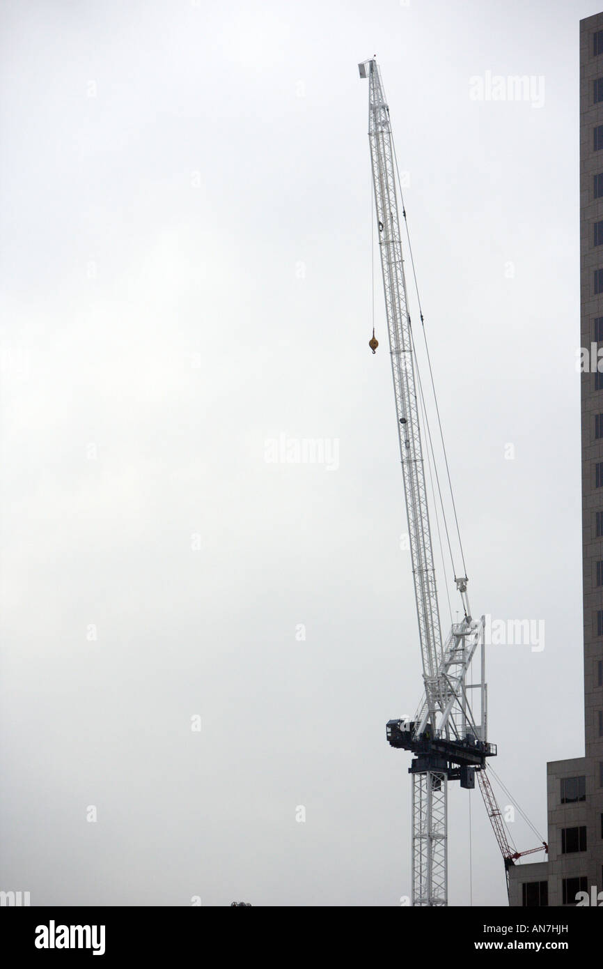 A crain at a construction site lifts building material to the top of a ...