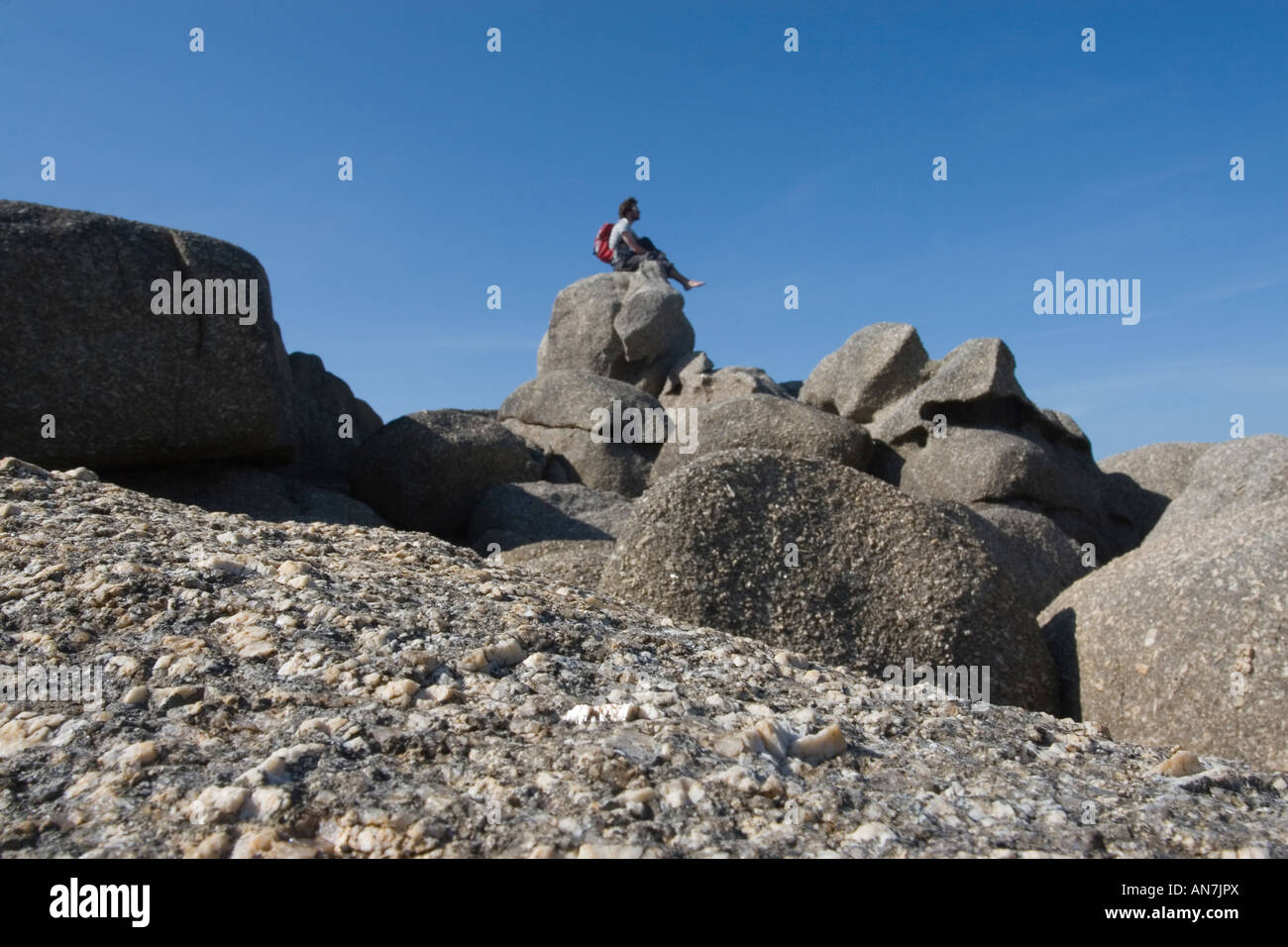 Male Sitting on Rock Stock Photo - Alamy
