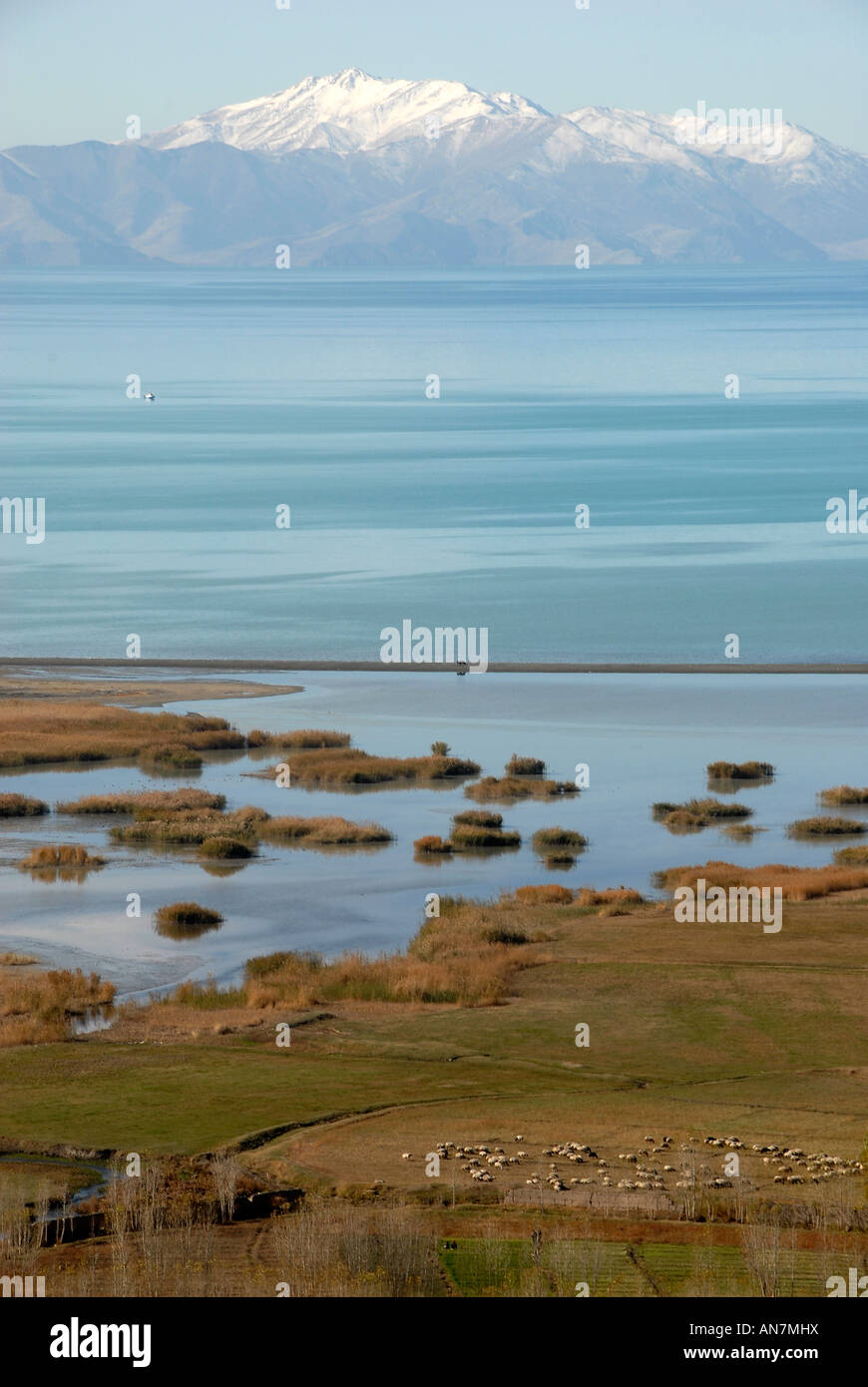 View of lake Van with volcano Suphan Dagi in background, Van province ...