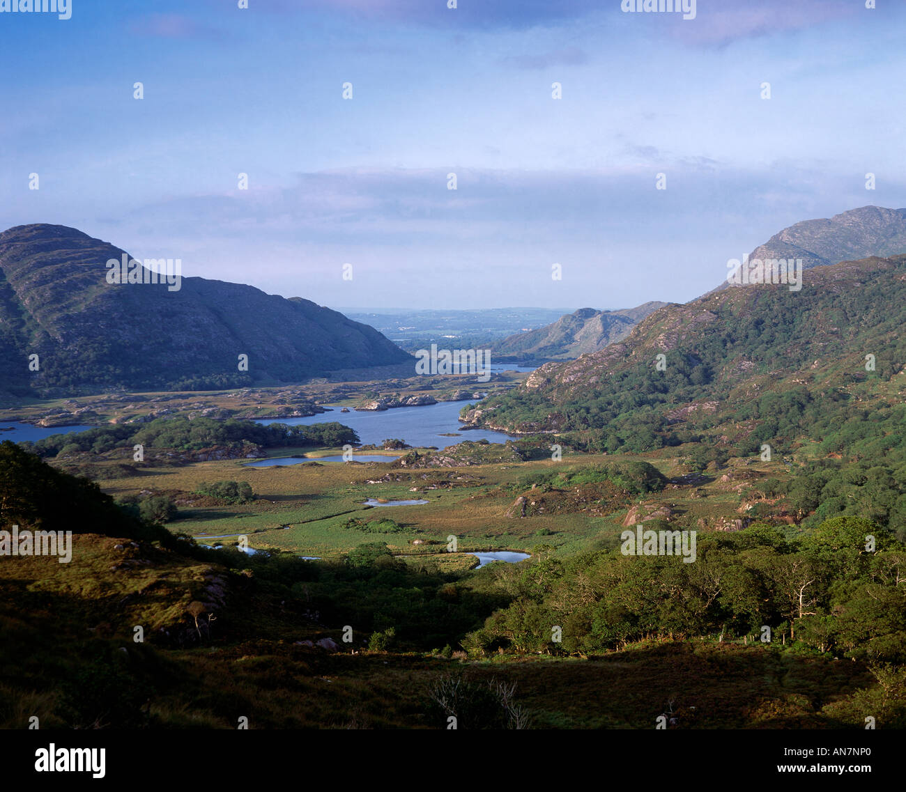 A scene of the Killarney mountains and lakes named Ladies View Stock ...