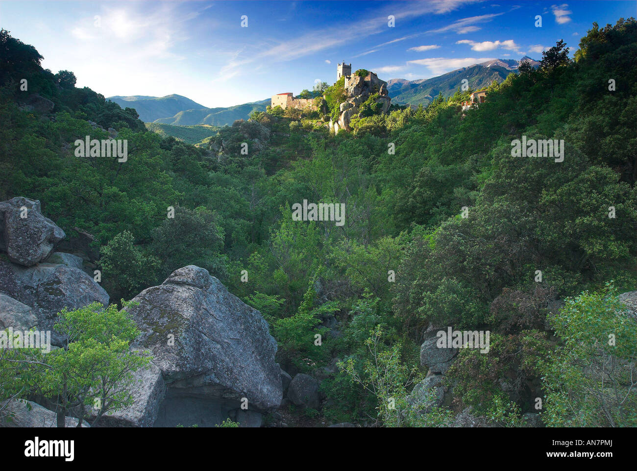 the village of Eus on a hilltop Pyrenees Languedoc Rousillon France ...