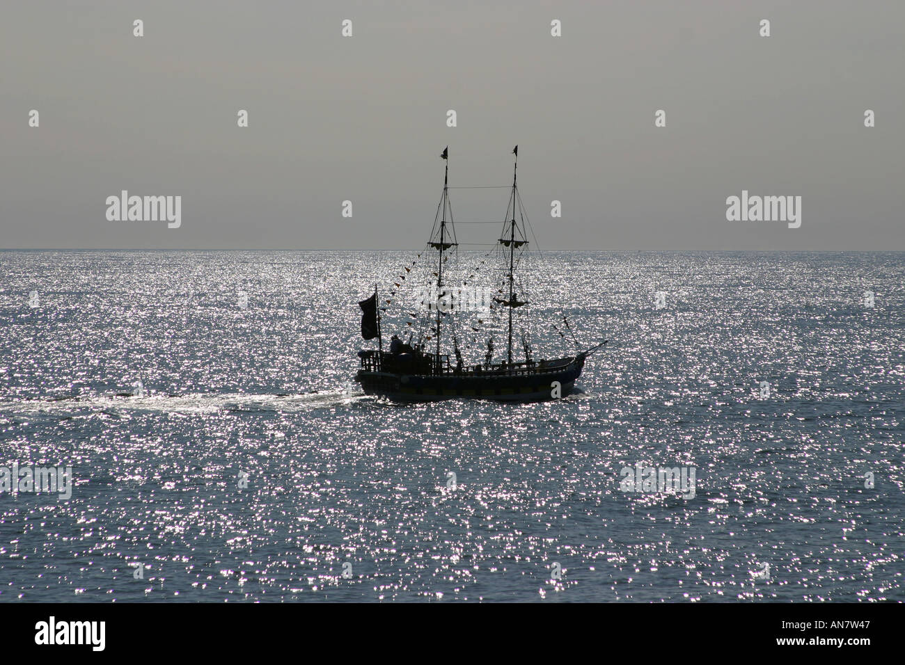 Pleasure craft decorated as a pirate sailing vessel giving sea rides at ...