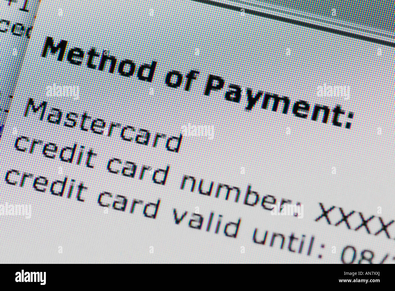 Computer screen shot extreme close up of credit card order details ...