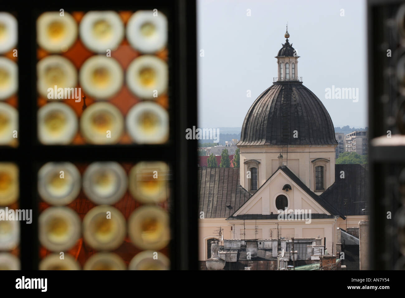 Depth of field image with coloured window from the town hall tower in ...