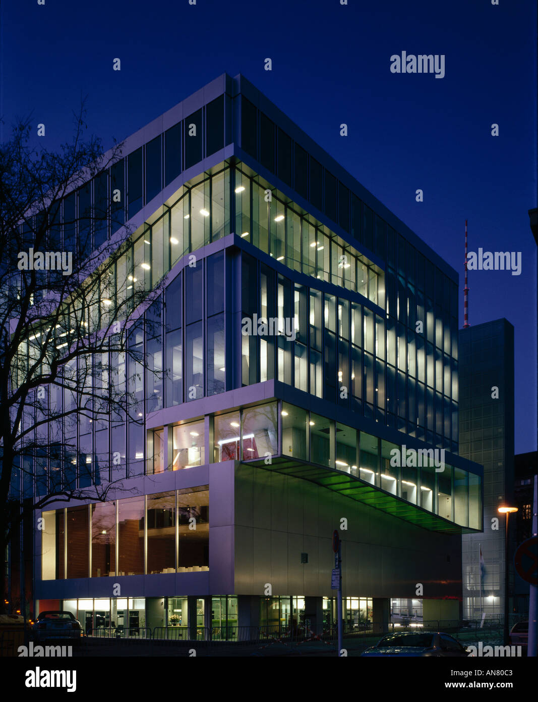 Netherlands Embassy, Berlin. Exterior at night with cantilever on right ...