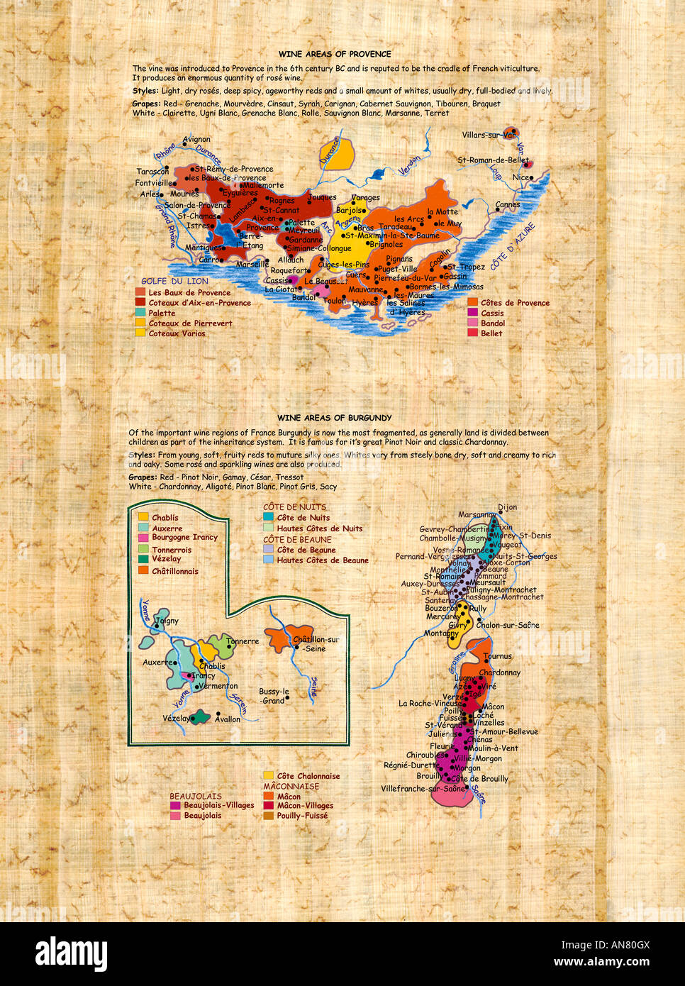 Illustrated Map of the Wine Areas of Provence and Burgundy, France with ...
