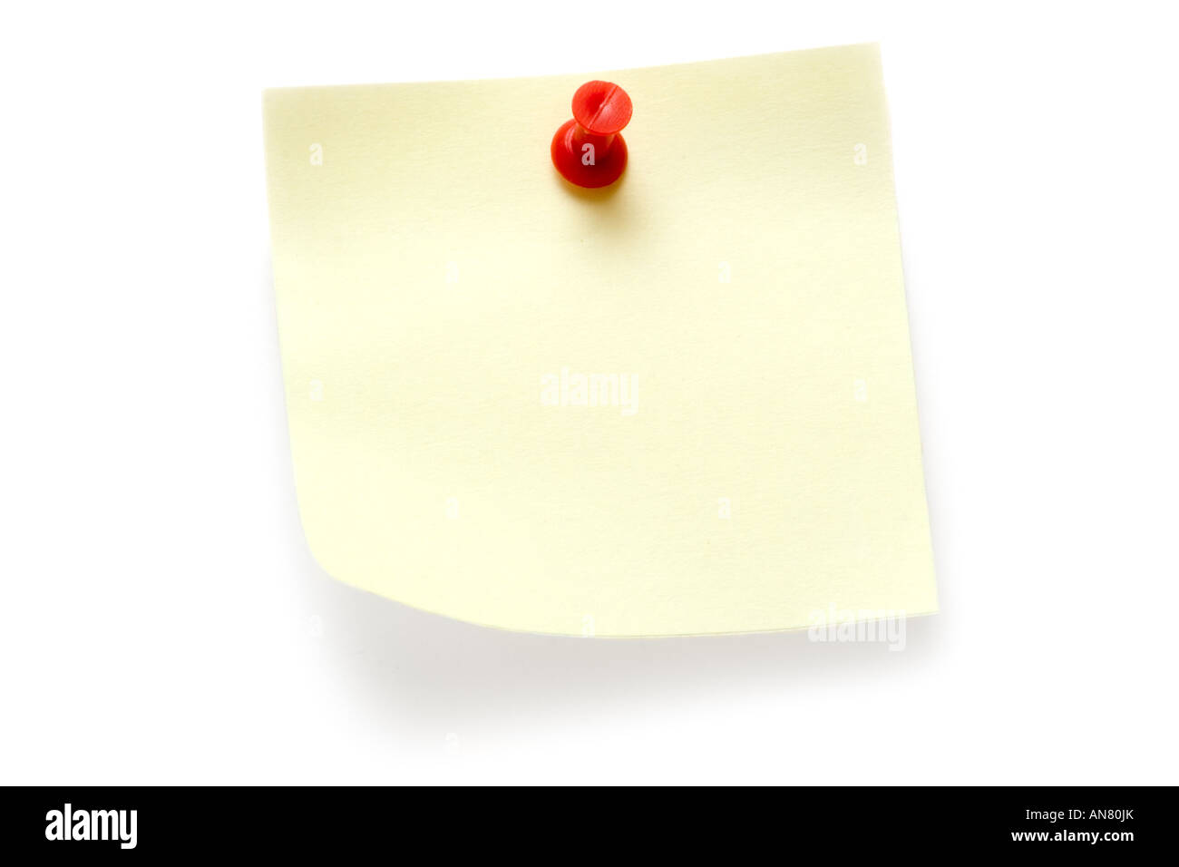 Yellow note attached with a red pin Isolated on a white background ...
