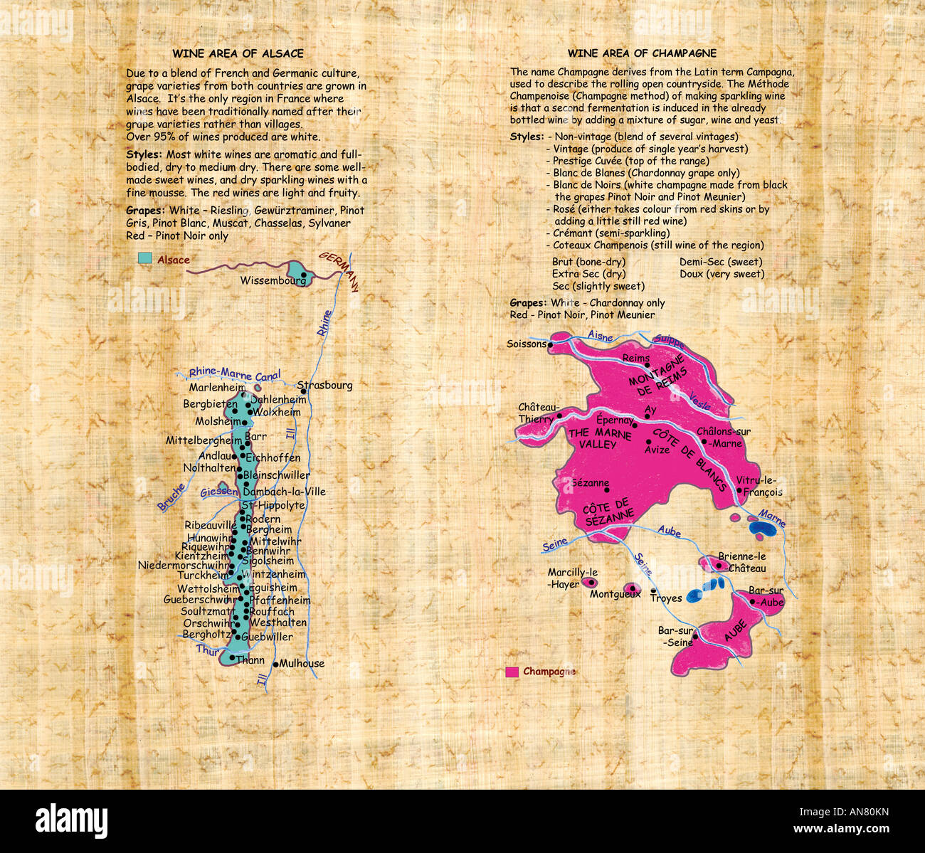 Illustrated Wine Map of Alsace and Champagne, France with information ...