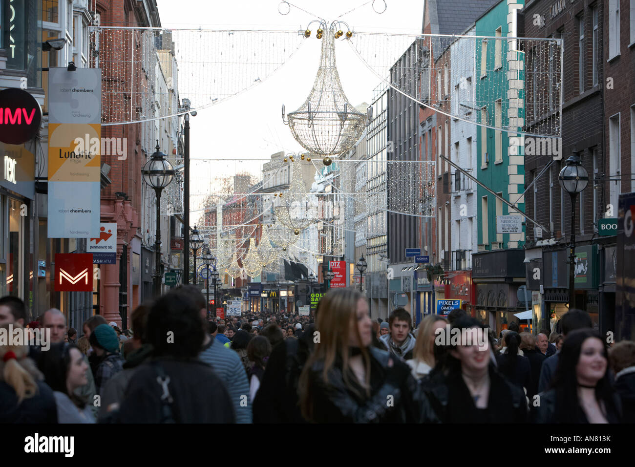 illuminated christmas lights and shoppers on Grafton Street pre ...