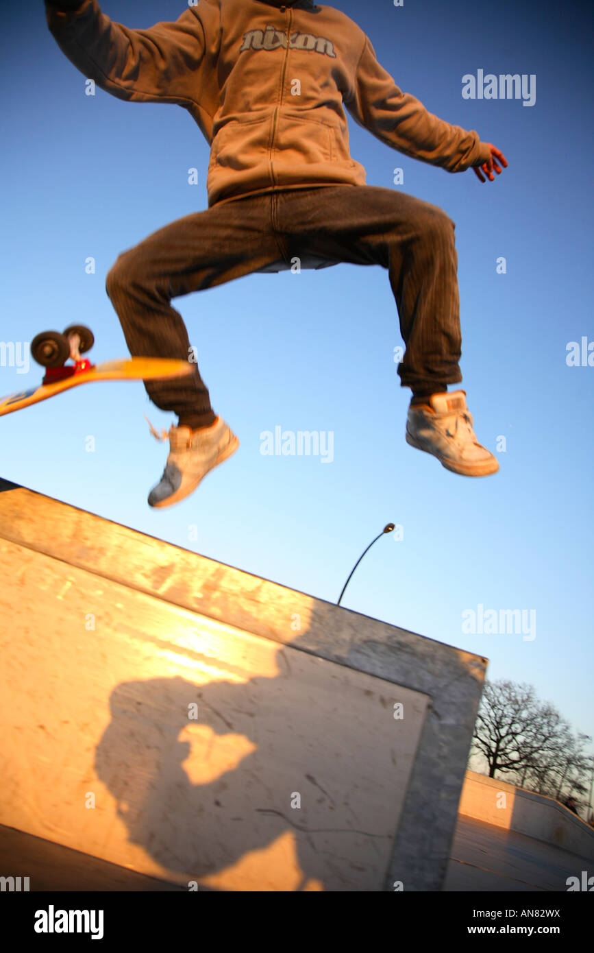 Jumping skateboarder with skateboard at skatepark in Amersfoort, The ...