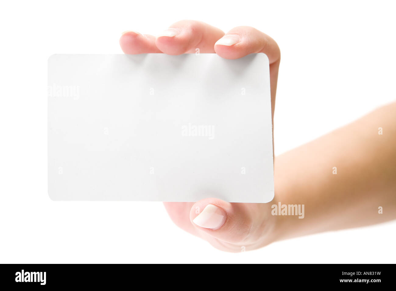 Businesswoman holding a blank card. Isolated on a white background ...