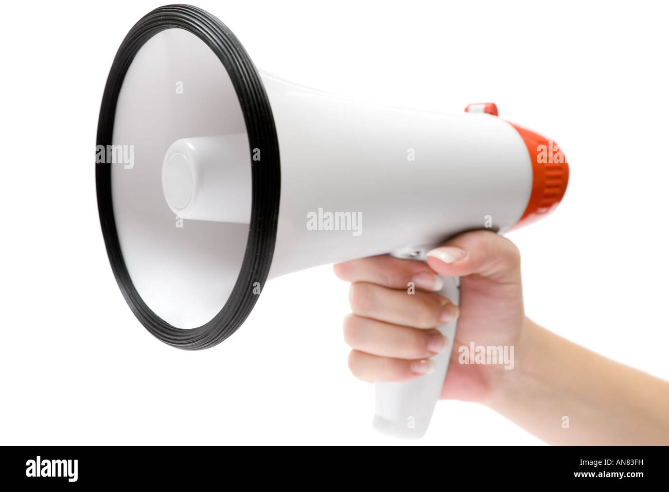 Female hand and megaphone. Isolated on a white background Stock Photo ...