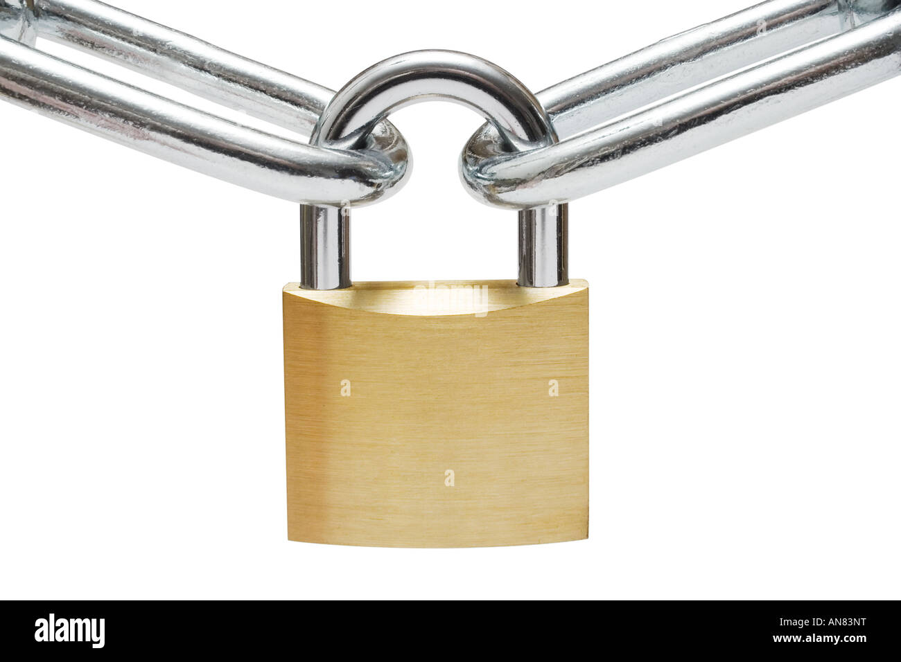 Golden padlock connecting two chain links. Isolated on a white ...