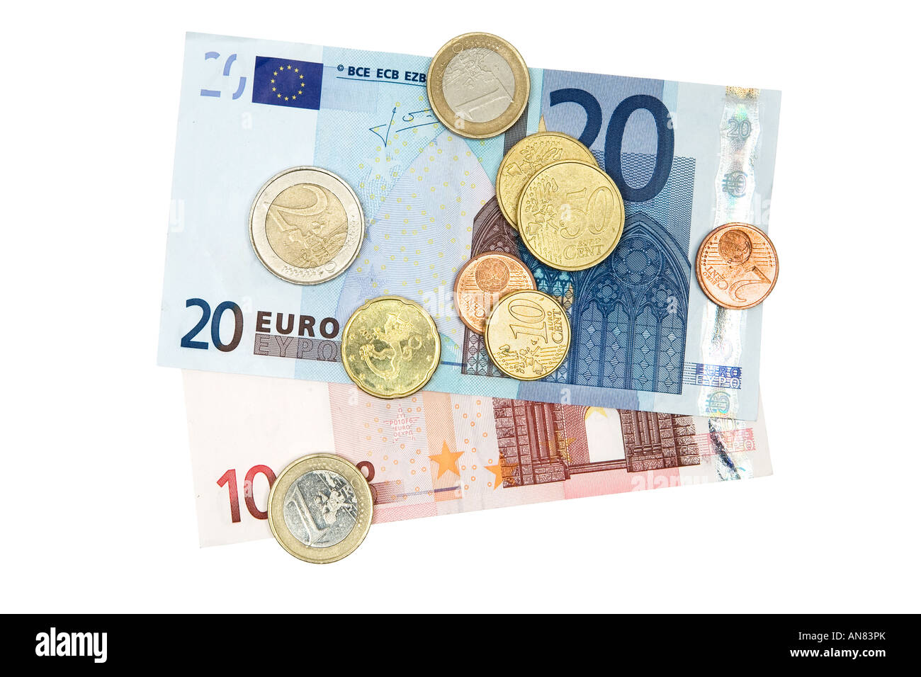 Euro coins and banknotes isolated on a white background Stock Photo - Alamy