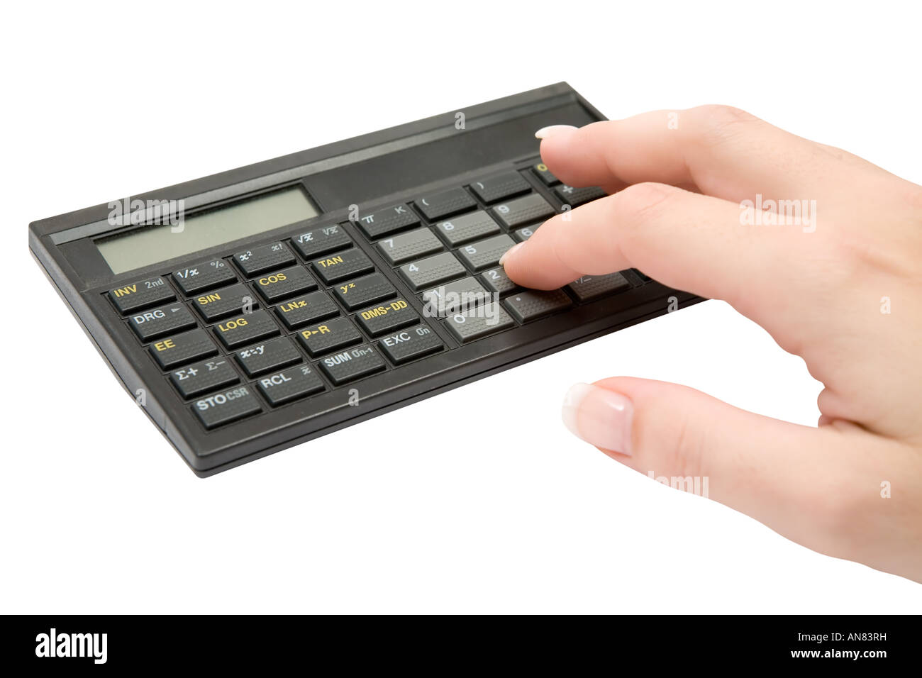 Female hand typing on a pocket calculator. Isolated on a white ...