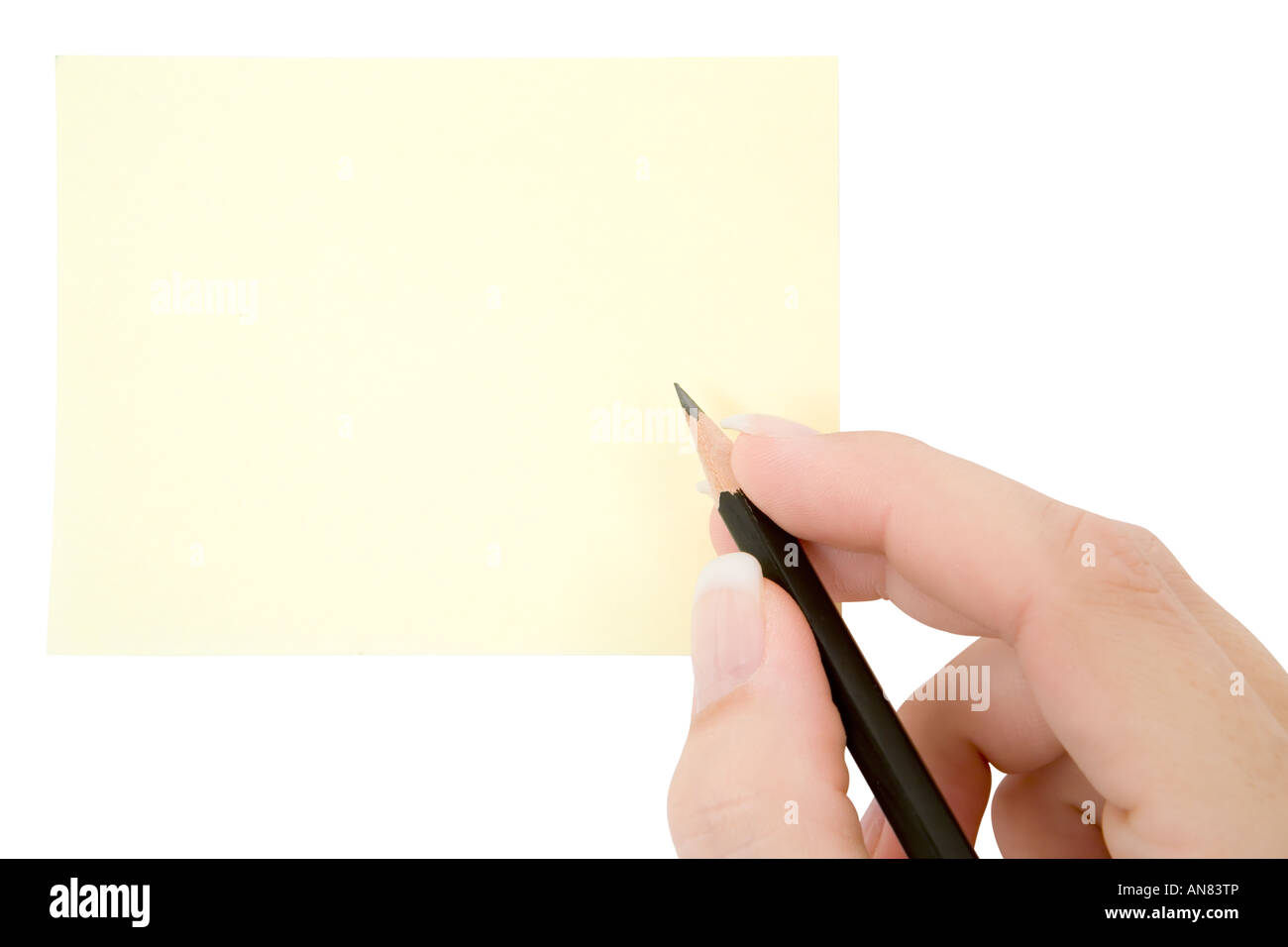 Female hand writing on a blank note. Isolated on a white background ...