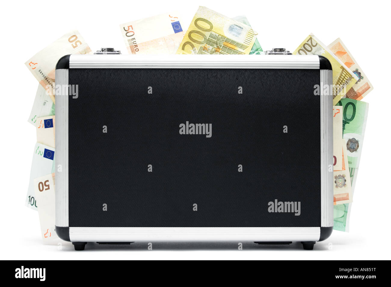 Standing money case full of banknotes. Isolated on a white background ...