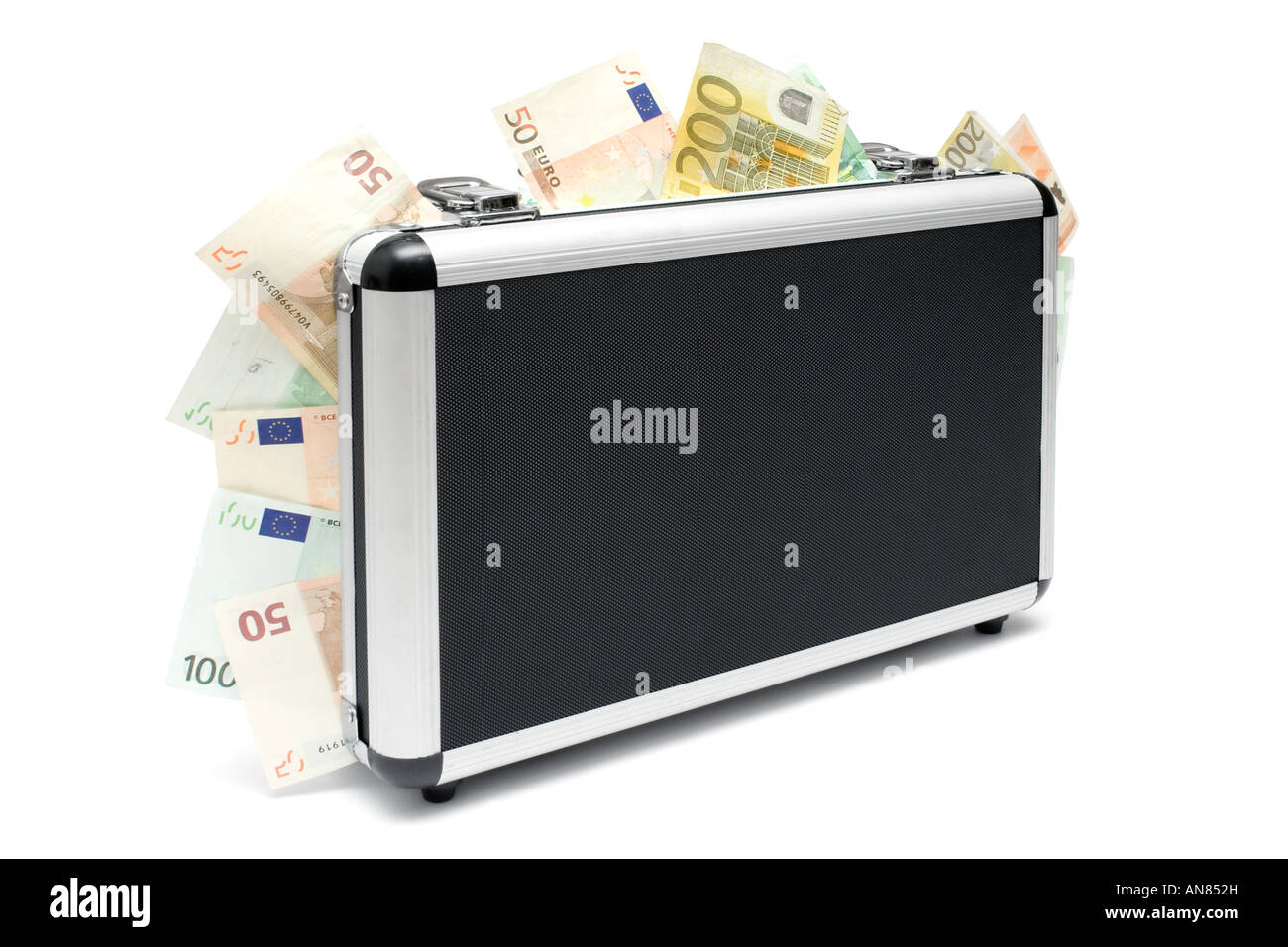 Standing money case full of various Euro banknotes. Isolated on a white ...