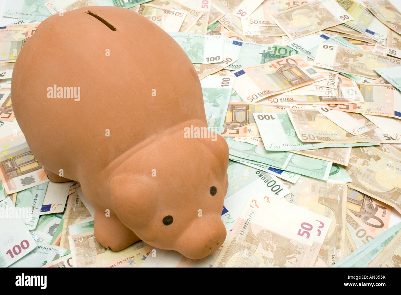 Fat piggy bank standing on Euro banknotes Stock Photo - Alamy