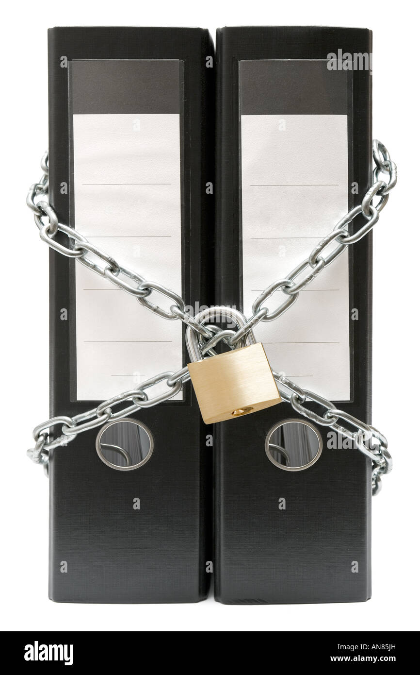 Two black file folders protected by a chain and a padlock. Isolated on ...