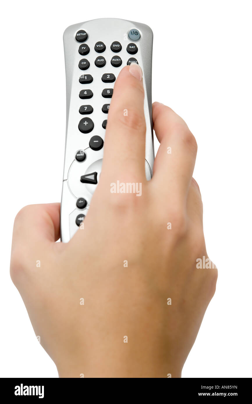 Holding a remote control. Isolated on a white background Stock Photo ...