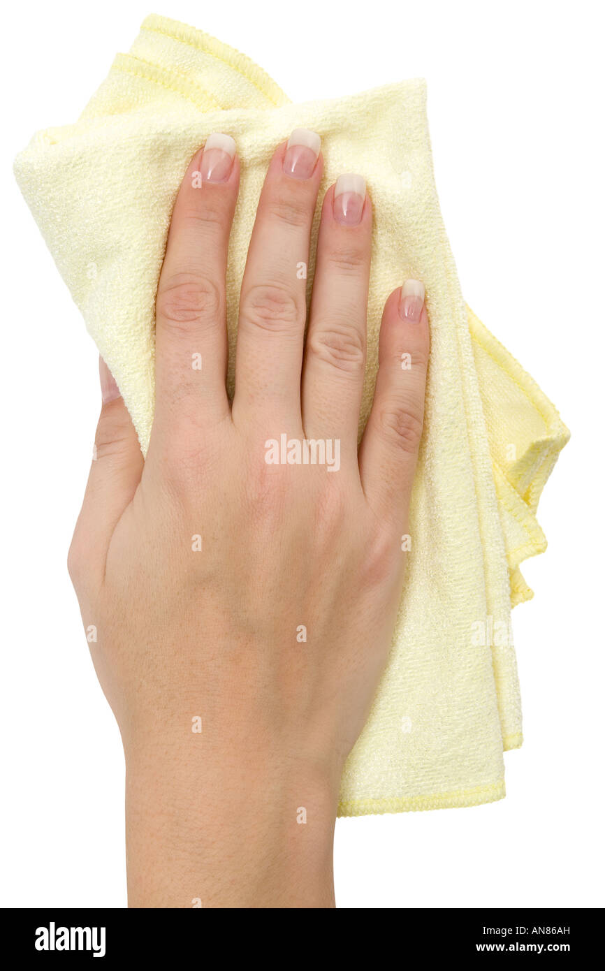 Female hand wiping with a yellow rag. Isolated on a white background ...