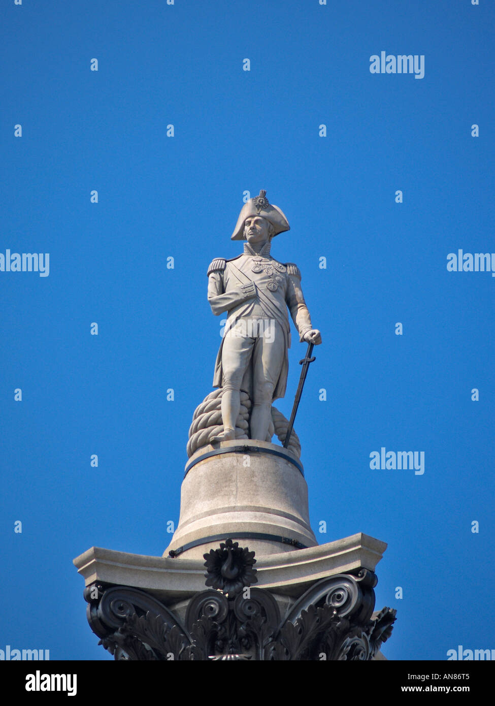 The recently cleaned statue of Admiral Nelson on top of Nelsons Column ...