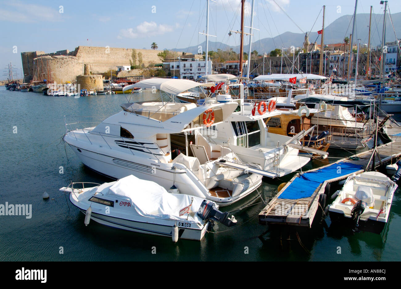 View over Keryneia Harbour toward mountains on the Mediterranean island ...