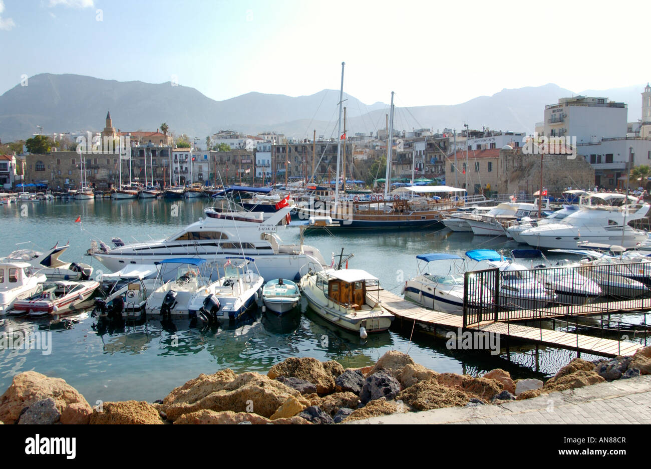 View over Keryneia Harbour toward mountains on the Mediterranean island ...