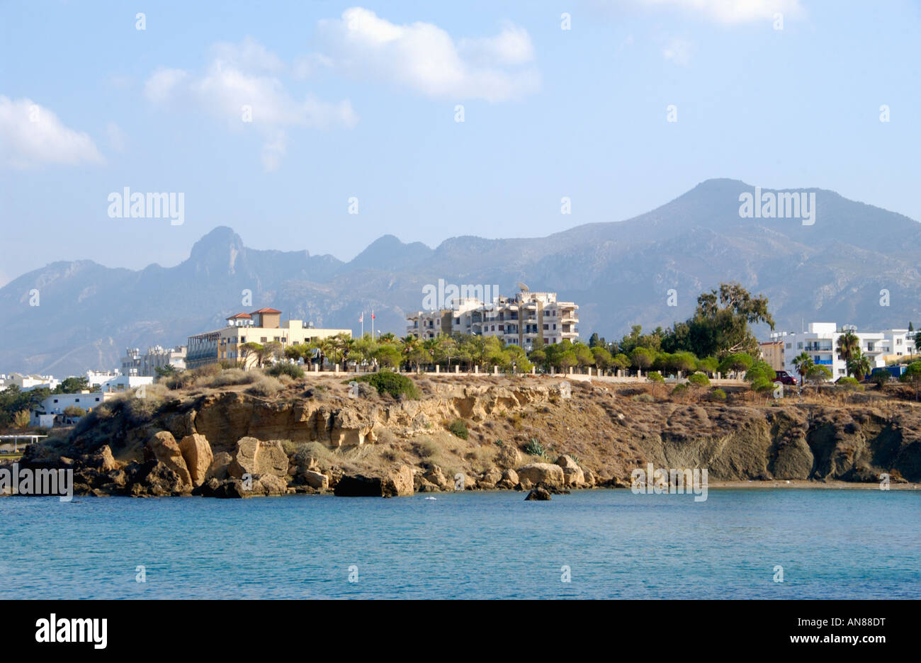 View from Keryneia Harbour toward mountains on the Mediterranean island ...