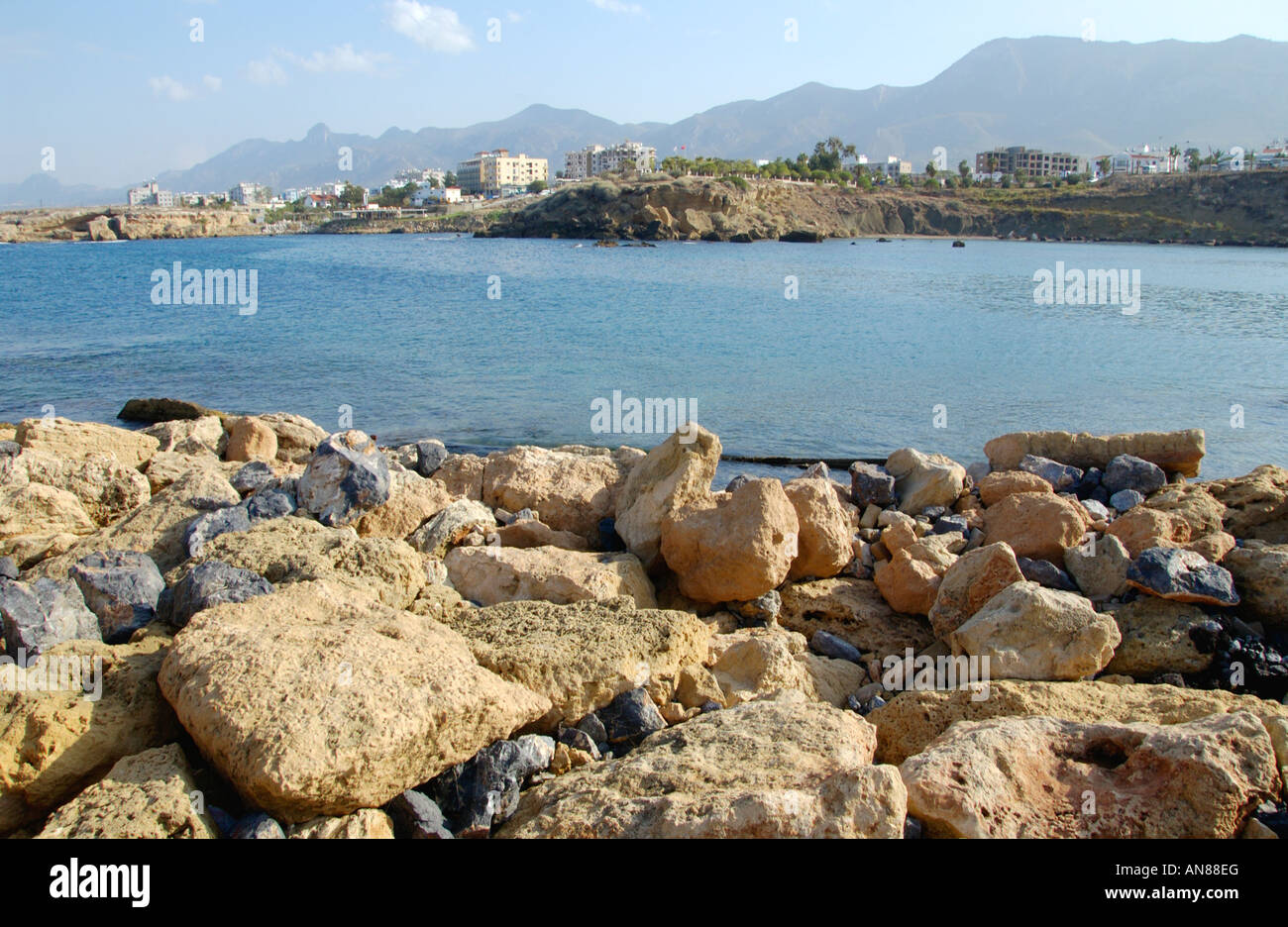 View from Keryneia Harbour toward mountains on the Mediterranean island ...