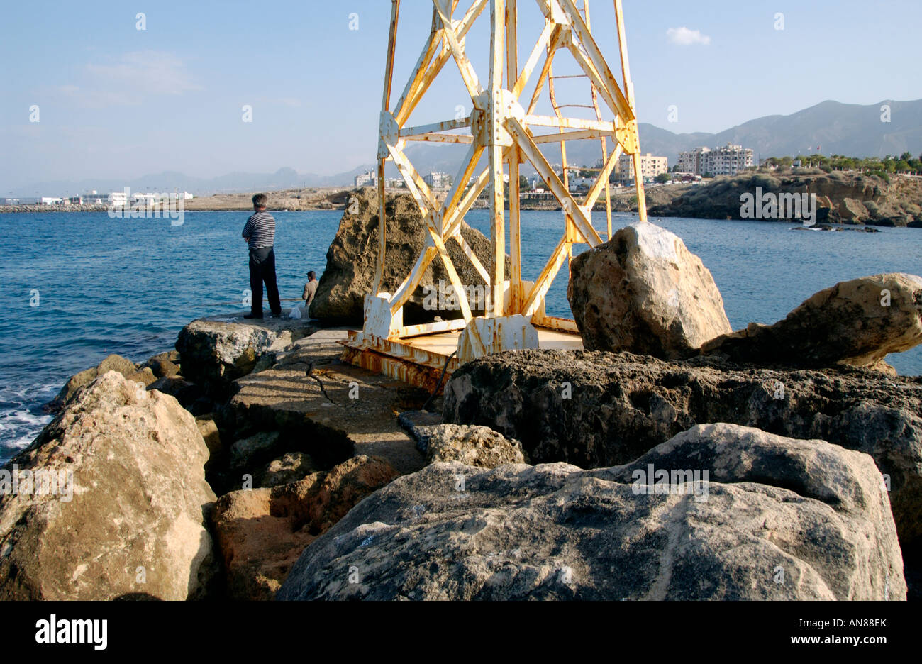 View from Keryneia Harbour toward mountains on the Mediterranean island ...