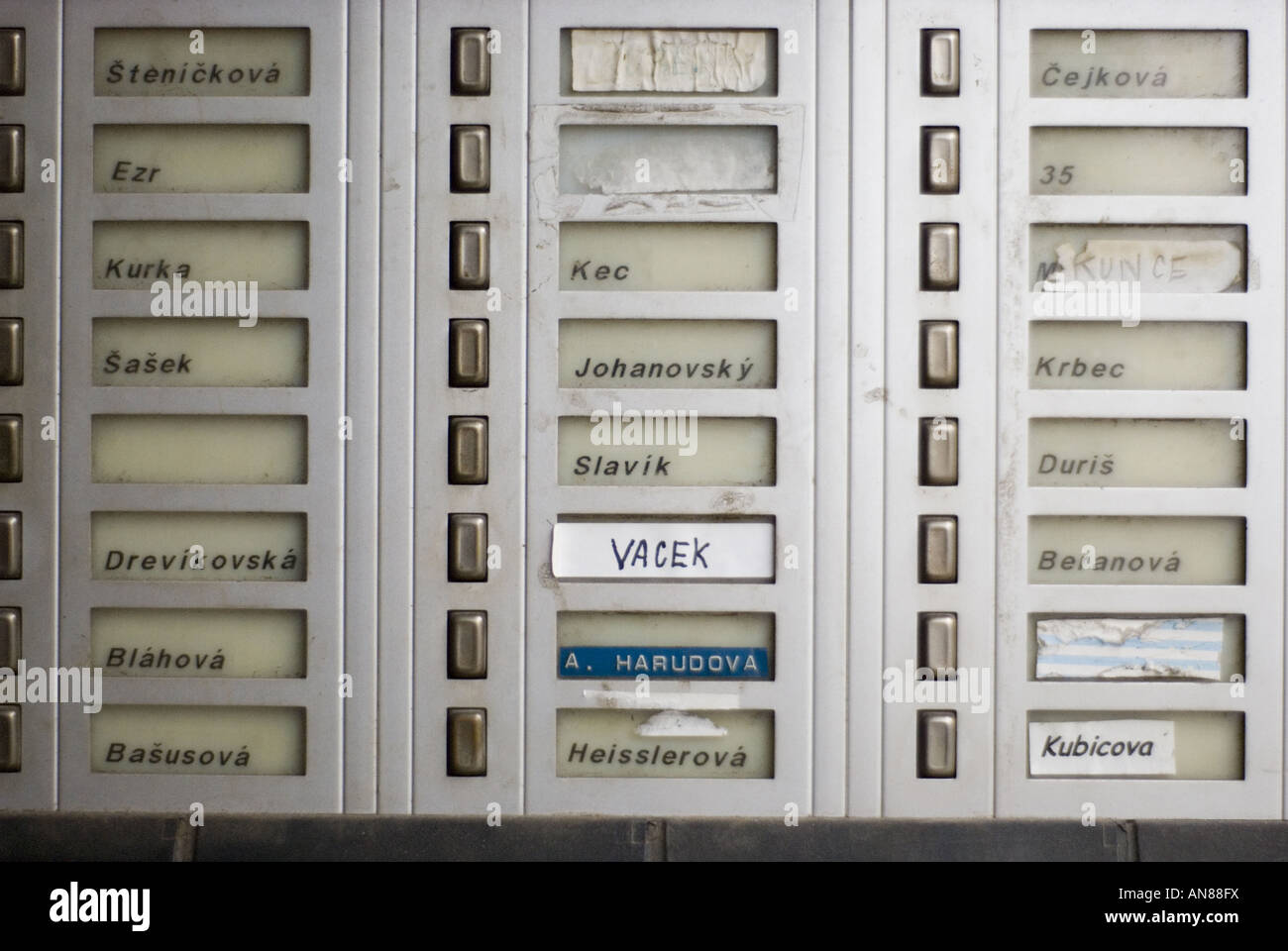 A list of Czechoslovakian names in a doorbell in index in Holesovice ...
